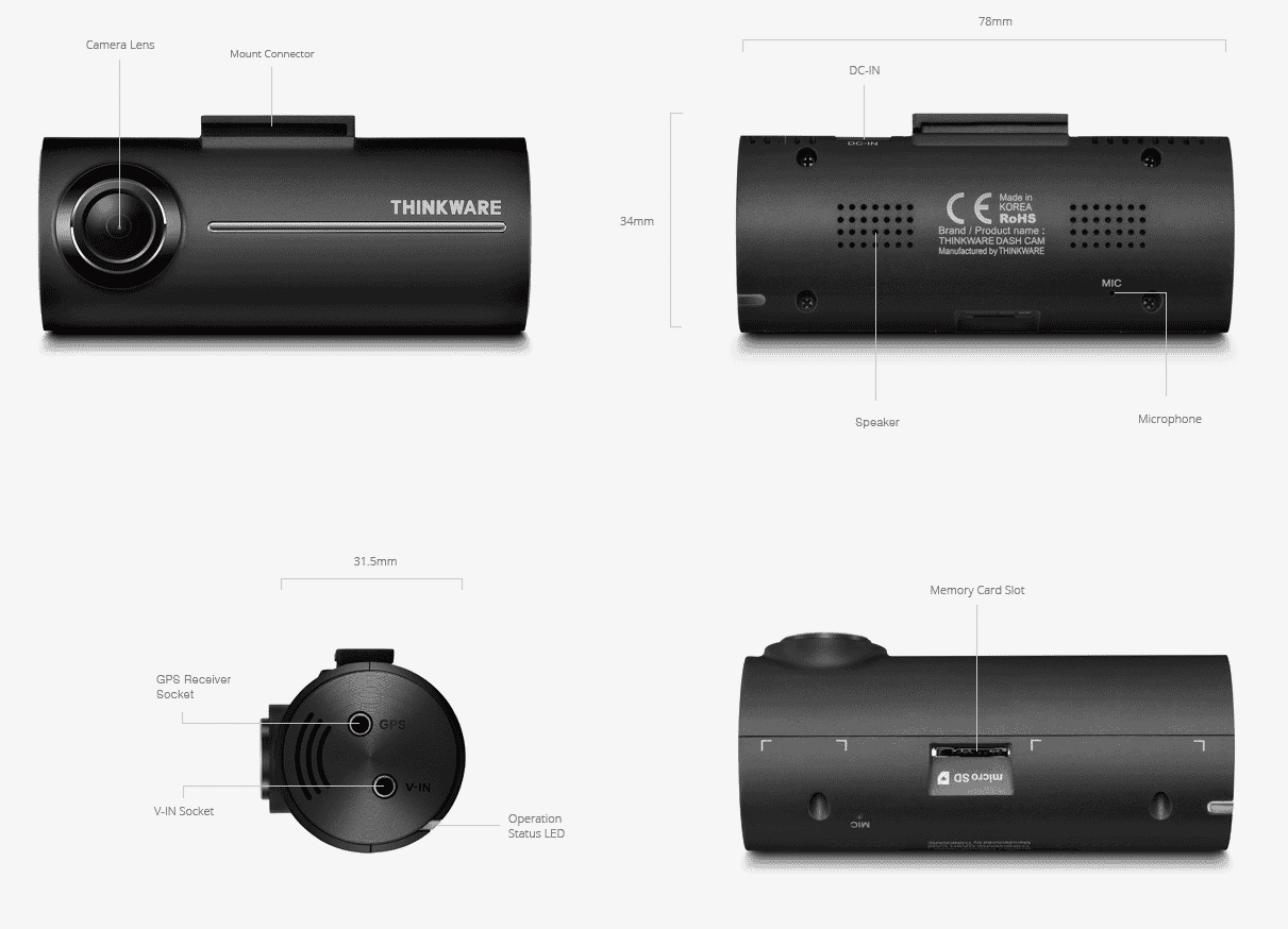 Thinkware F100 Dash Cam Single Channel 16GB with Hardwire Kit