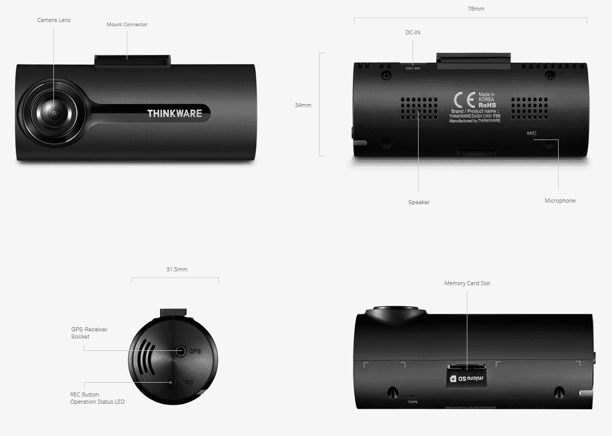 Thinkware F70 Dash Cam Single Channel 8GB with Hardwire Kit