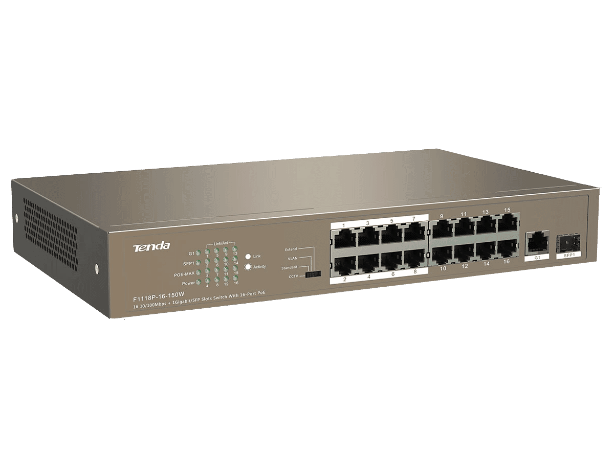 Tenda TEF1118P-16-150W 16 Port PoE 10/100 Network Switch | Connectec.uk