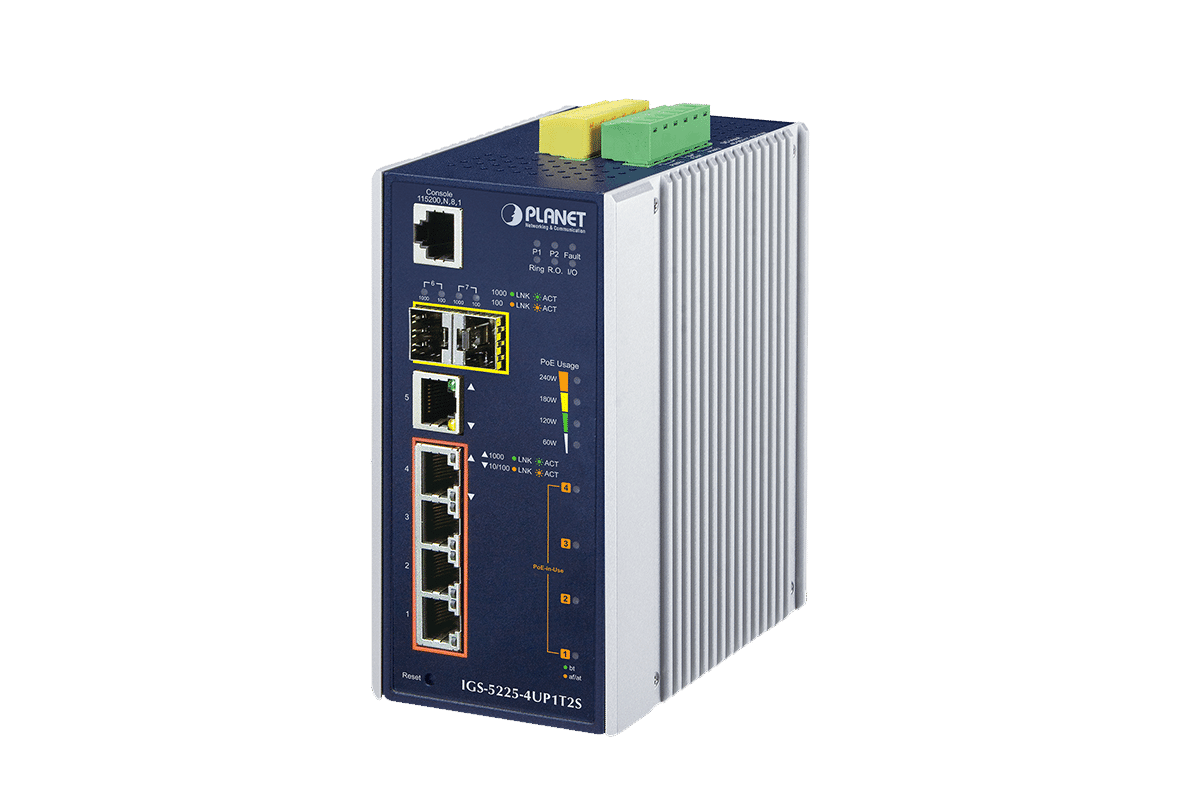 Planet IGS-5225-4UP1T2S Industrial L2+ 4-Port Gigabit PoE+ Switch with ...