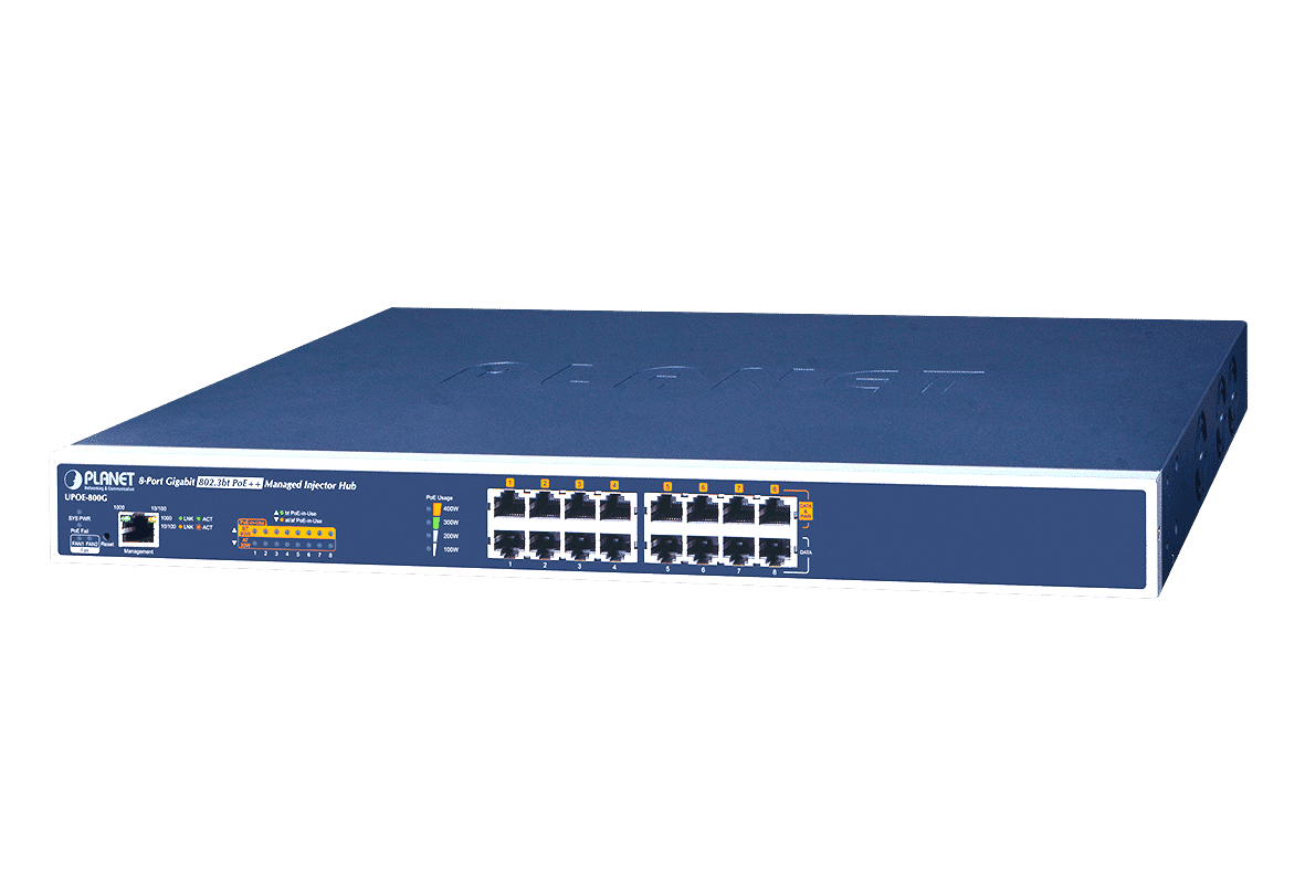 Planet UPOE-800G 8 Port Gigabit 802.3bt 95W PoE Injector Hub (Max 400W)