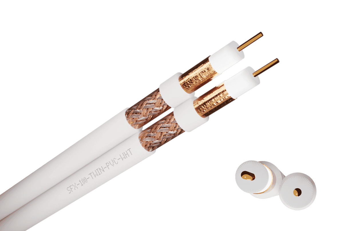 Premium Twin Low Loss Screened Coax Cable FPE PVC 100m White